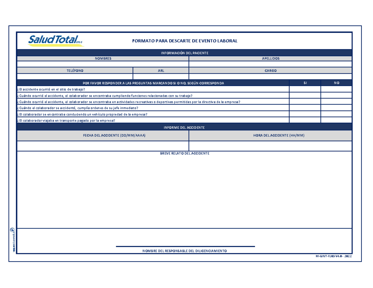 M-GINT-F103 Formato de Informe para Descartar Evento Laboral - Studocu