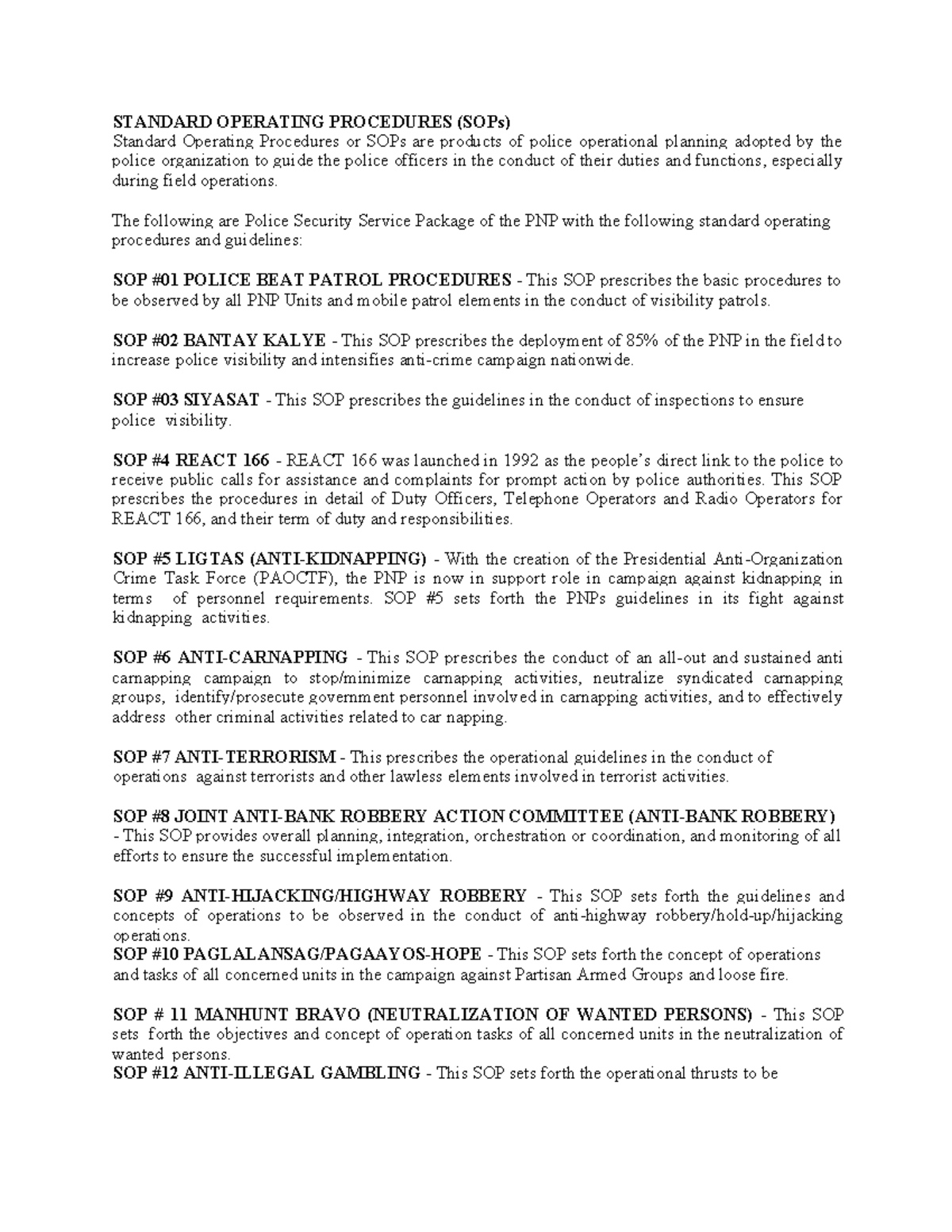 PNP Standard Operating Procedures (SOPs) for Police Operations - Studocu