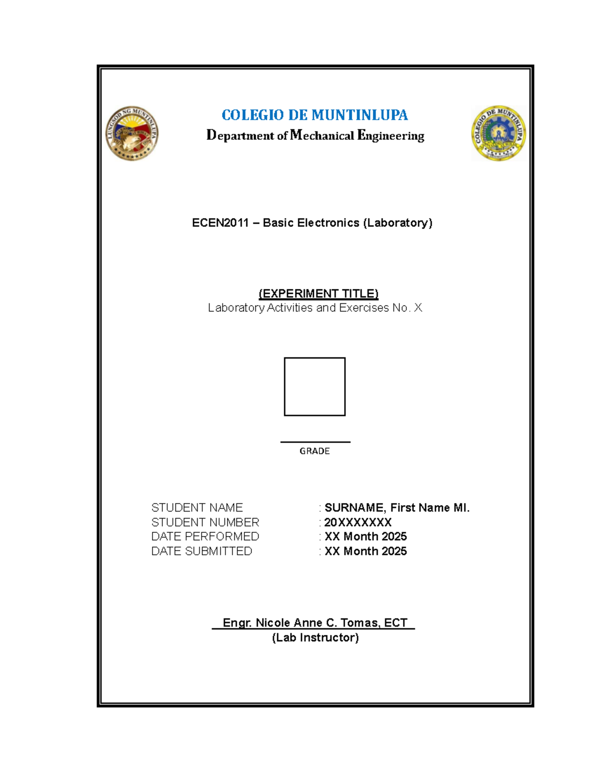ECEN2011 Basic Electronics Lab Report Format and Activities Guide - Studocu