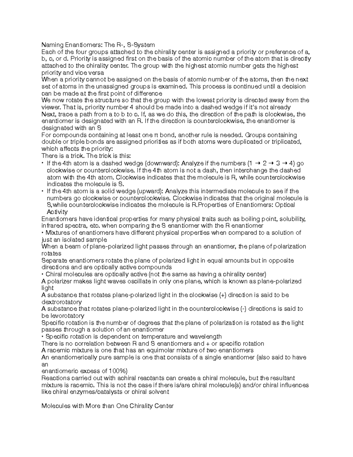 OC 11 - Notes - Naming Enantiomers: The R-, S-System Each of the four ...