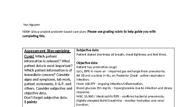 N309 Group Project Care Plan: Patient Assessment & Interventions 2025 ...