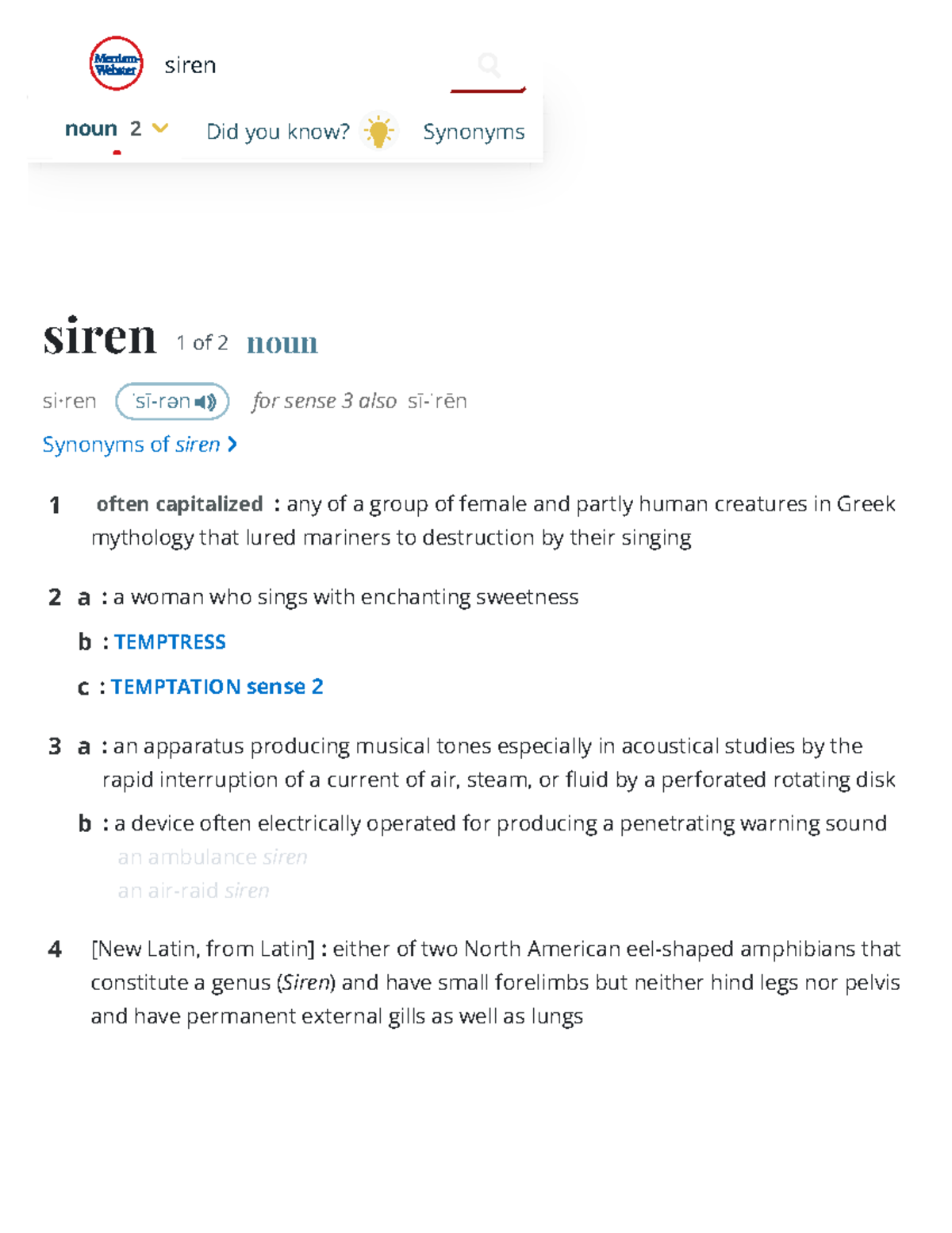 Siren - definition - siren noun si·ren ˈsī-rən for sense 3 also sī-ˈrēn ...