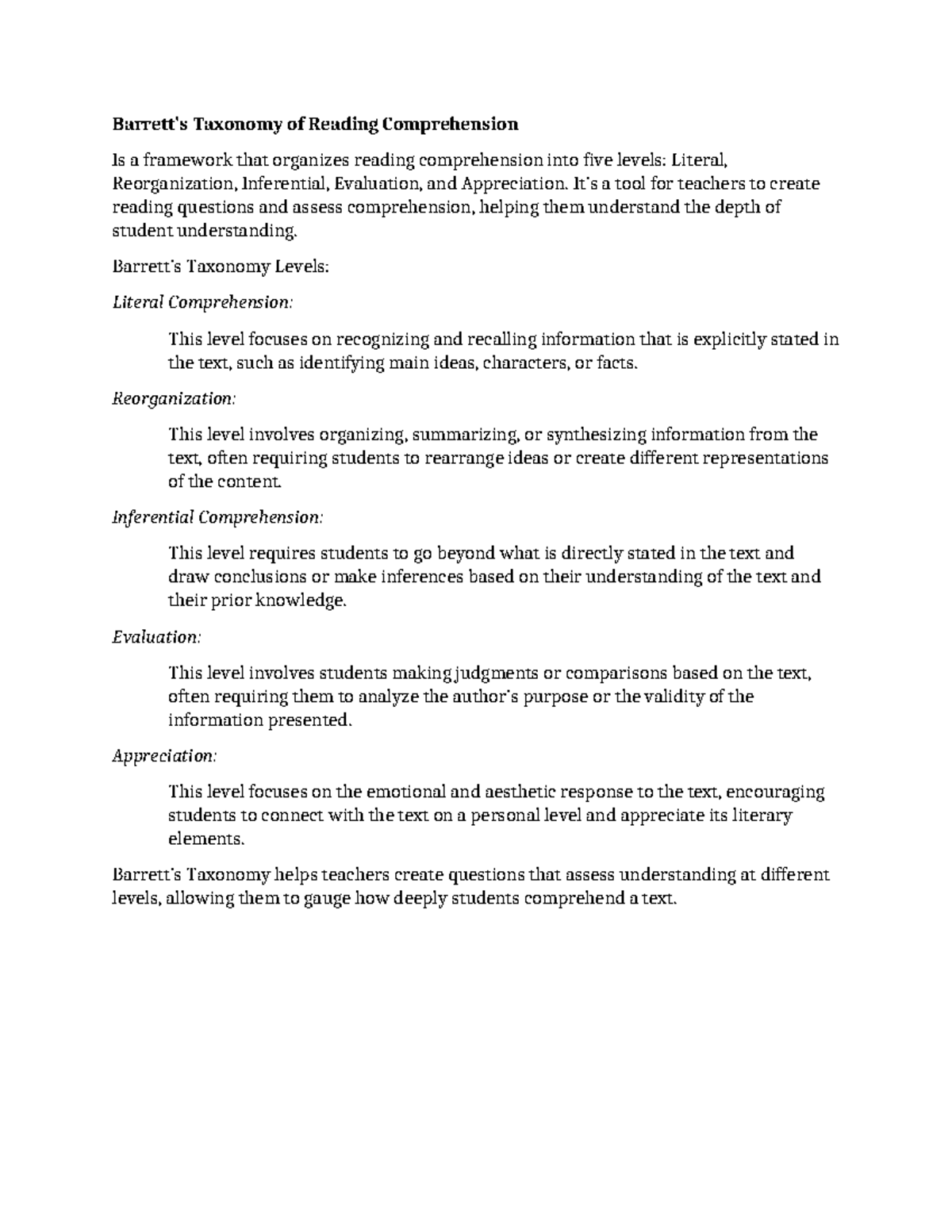 Barrett's Taxonomy of Reading Comprehension: Levels & Assessment Tools - Studocu