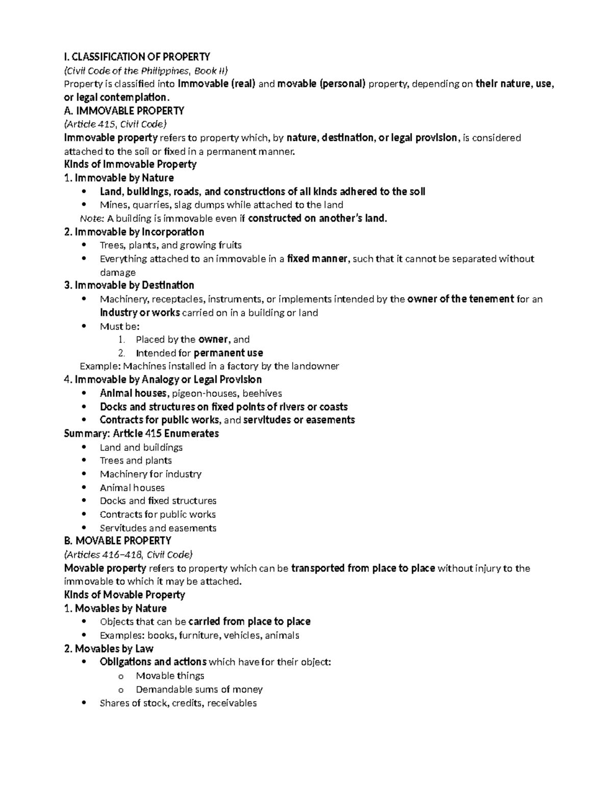 Property Law (CIVIL CODE) - Classification of Property Lecture Notes ...