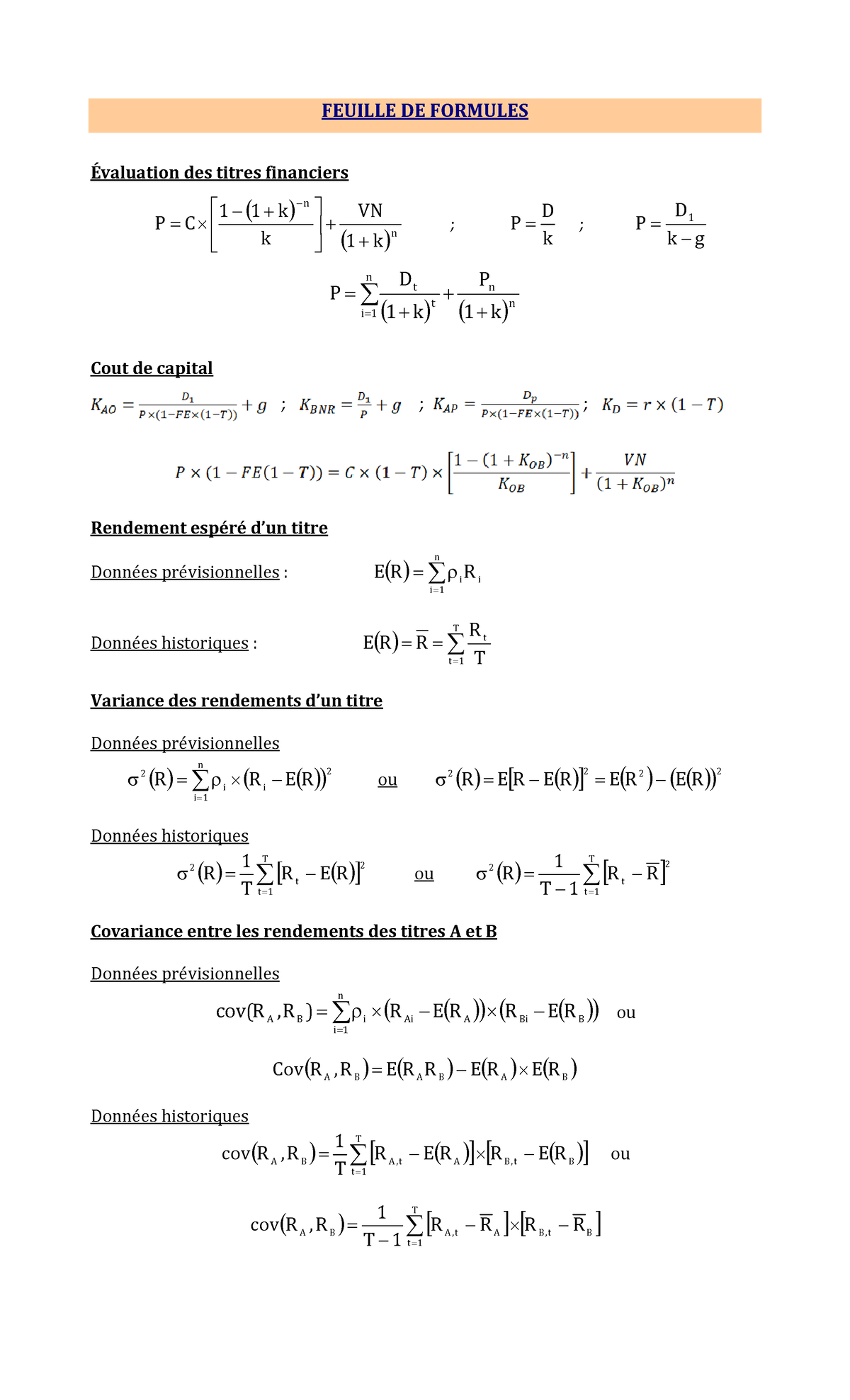 Feuille de Formules pour l'Évaluation des Titres Financiers (Final ...