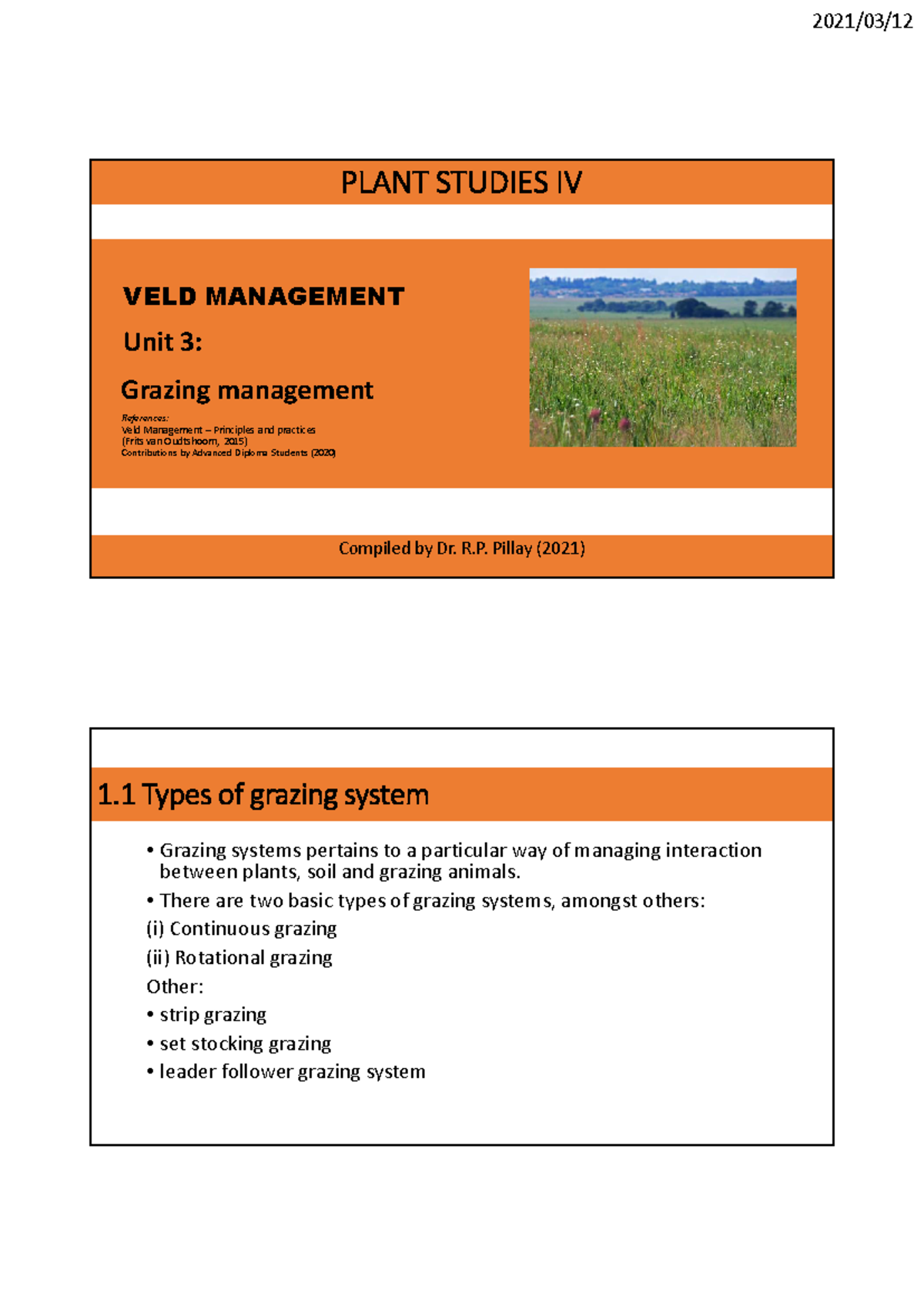 PS IV UNIT 3 Grazing Management - PLANT STUDIES IV Compiled by Dr. R ...