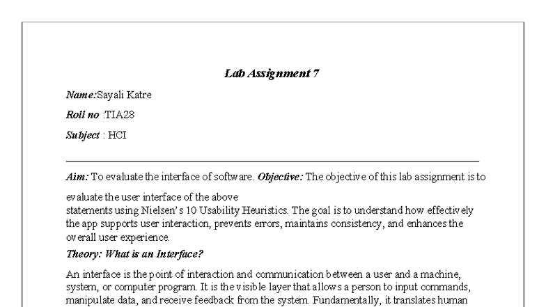 Lab Assignment 7: HCI Interface Evaluation Using Usability Heuristics - Studocu