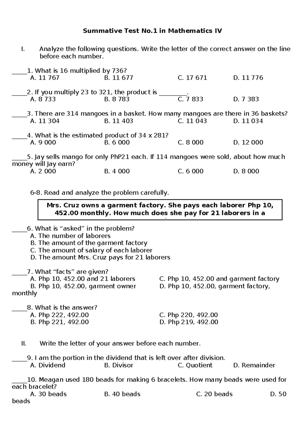 Summative Test No.1 in Math IV: Problem Solving Questions - Studocu