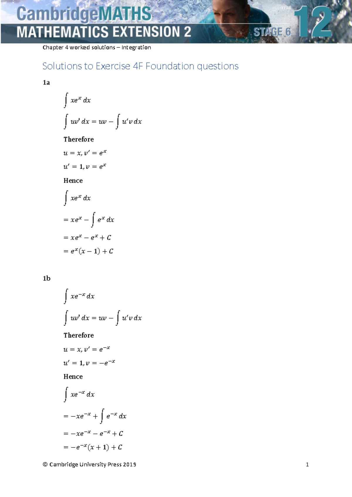 Chapter 4F Worked Solutions: Integration Exercises from Cambridge - Studocu