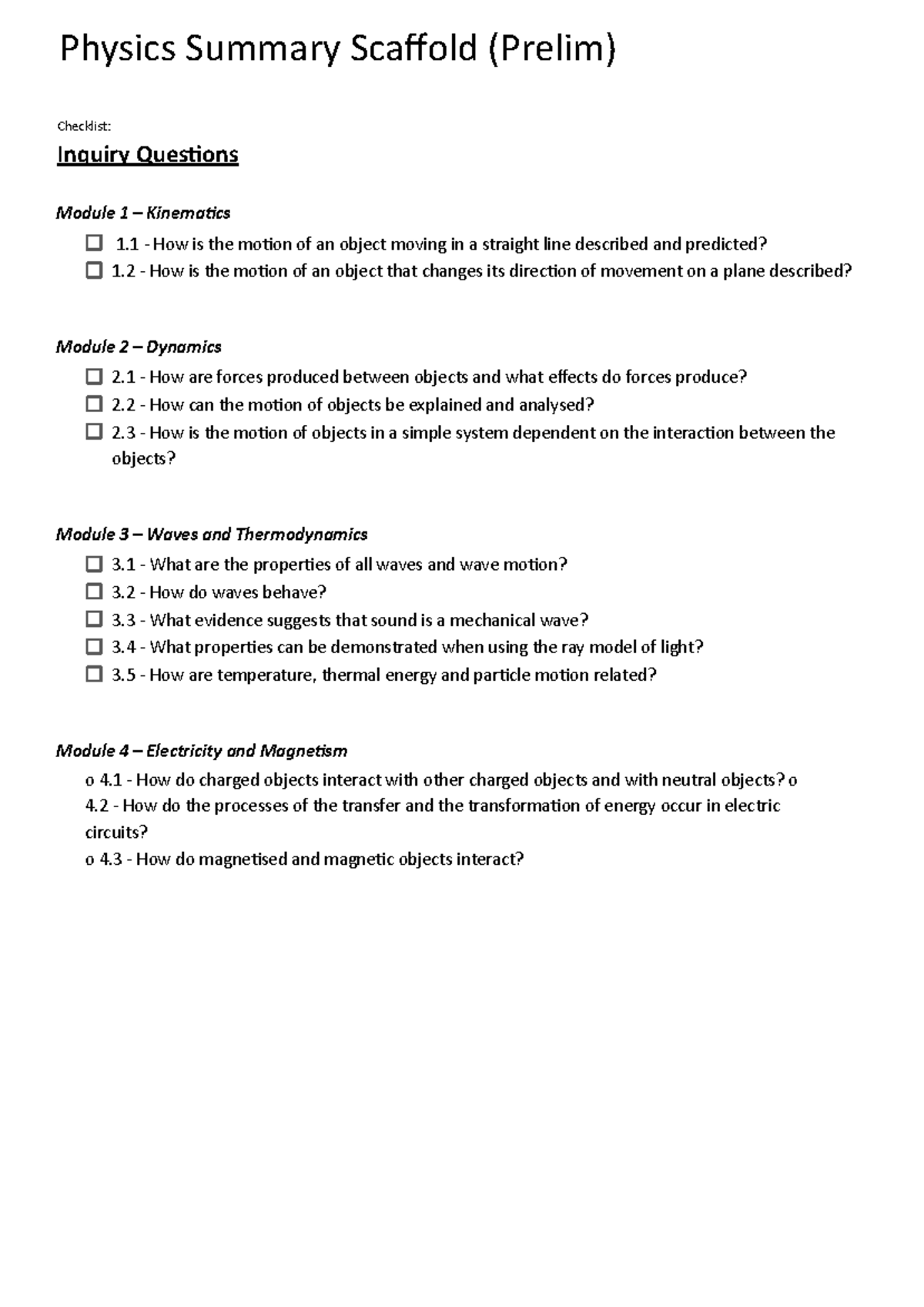 Physics Year 11 Simple Summary Scaffold: Motion, Forces, Waves, and ...