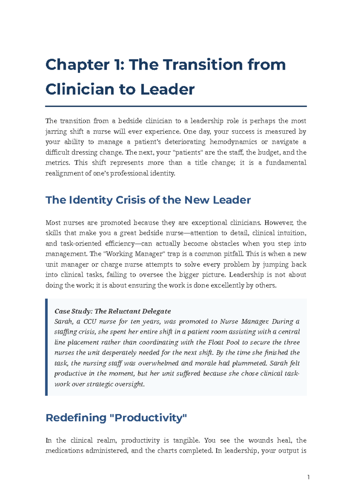 Chapter 1: Transitioning from Clinician to Leader in Nursing - Studocu