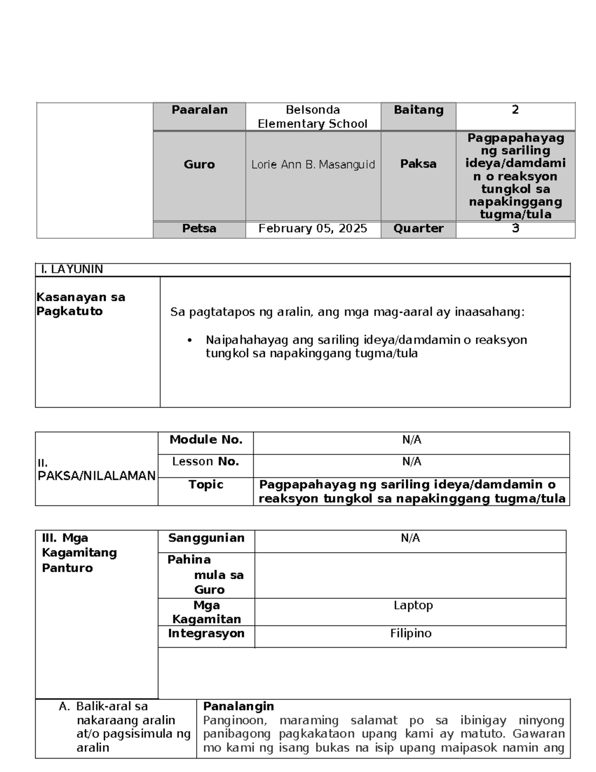 AP Grade 2 Lesson Plan: Pagpapahayag ng Ideya at Damdamin - Studocu