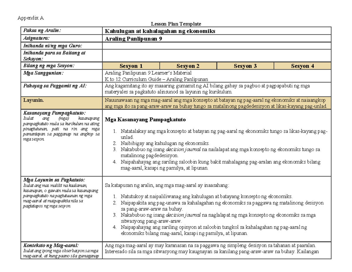 DLL TERM 1 WEEK 1: Lesson Plan for Araling Panlipunan 9 - Studocu