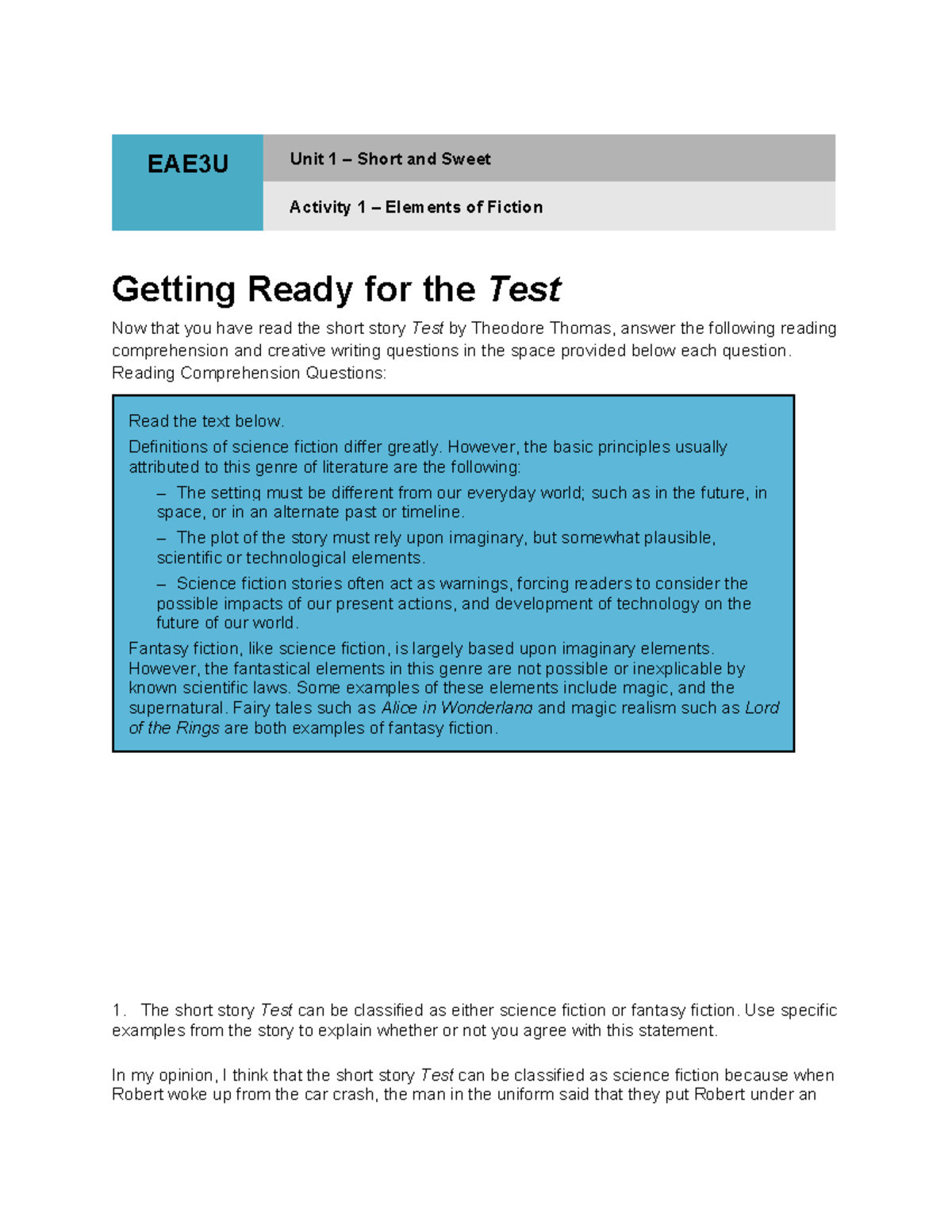 Assignment #1 - Short Story Test ( Assignment #1) EAE3U - EAE3U Unit 1 ...