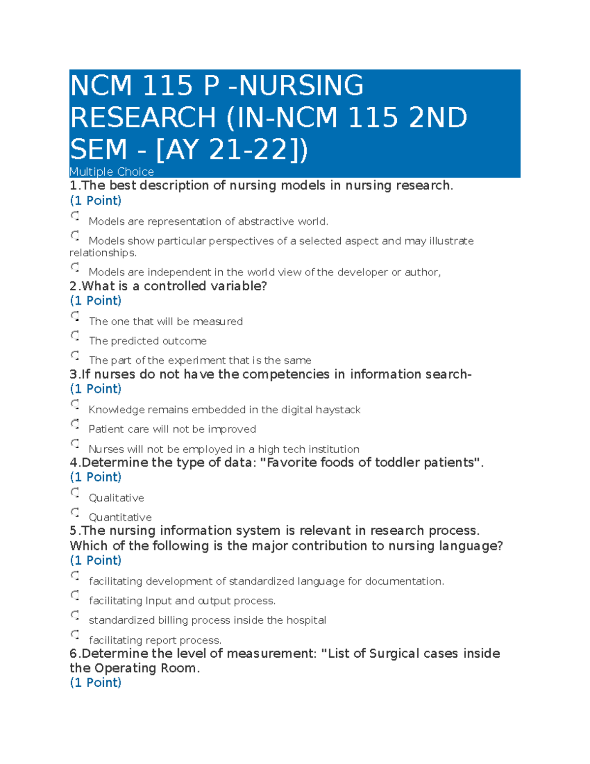 NCM 115 P - Nursing Research Exam Notes (AY 21-22) - Studocu