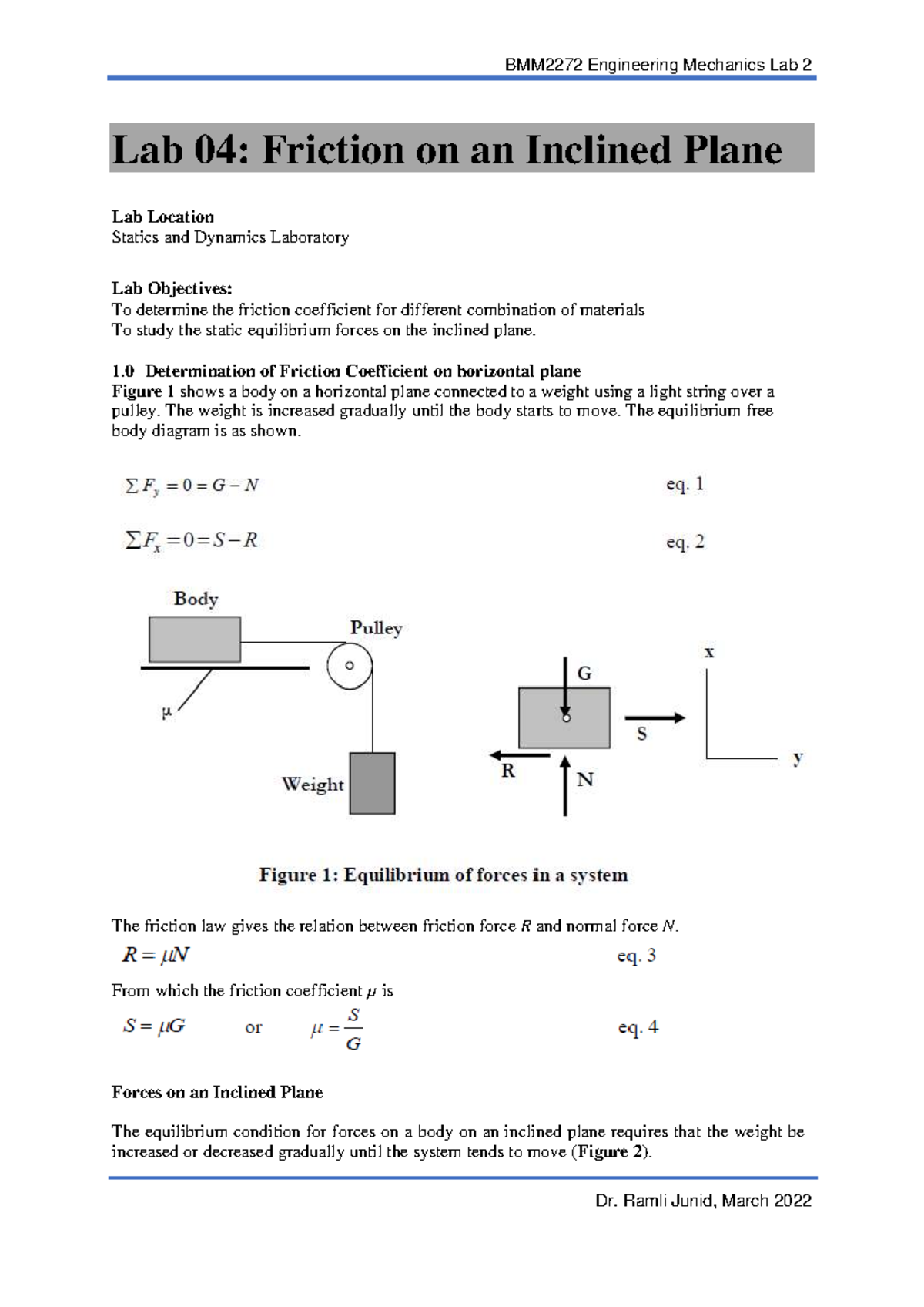 BMM2272 Engineering Mechanics Lab 2: Friction on Inclined Plane - Studocu