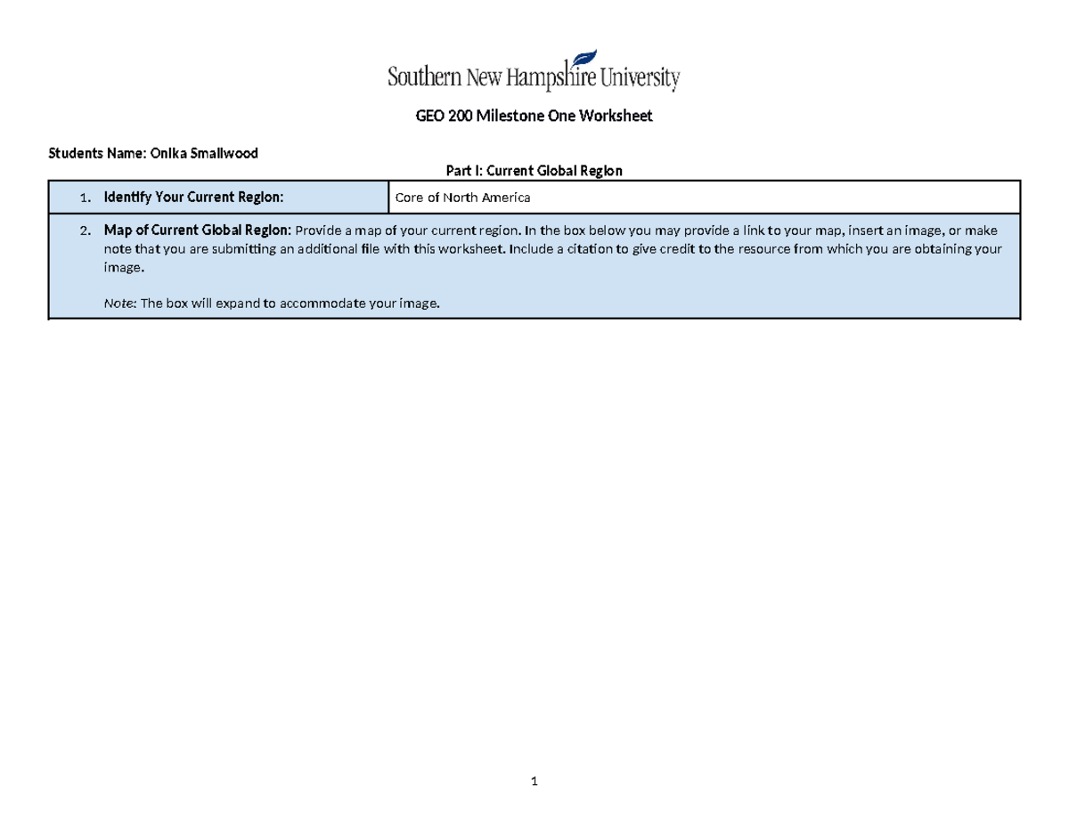 GEO 200 Milestone One Worksheet: North America & Northern Europe ...