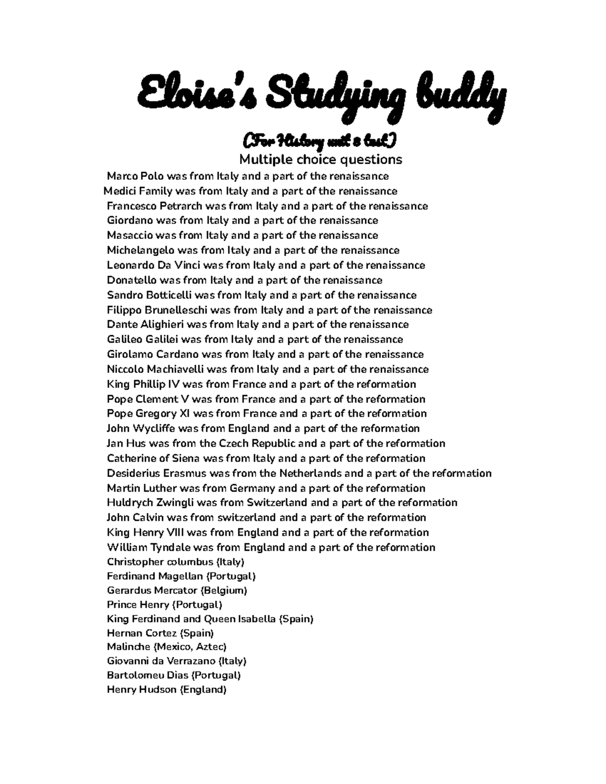 Eloise's Study Guide for History Unit 8: Renaissance & Reformation ...