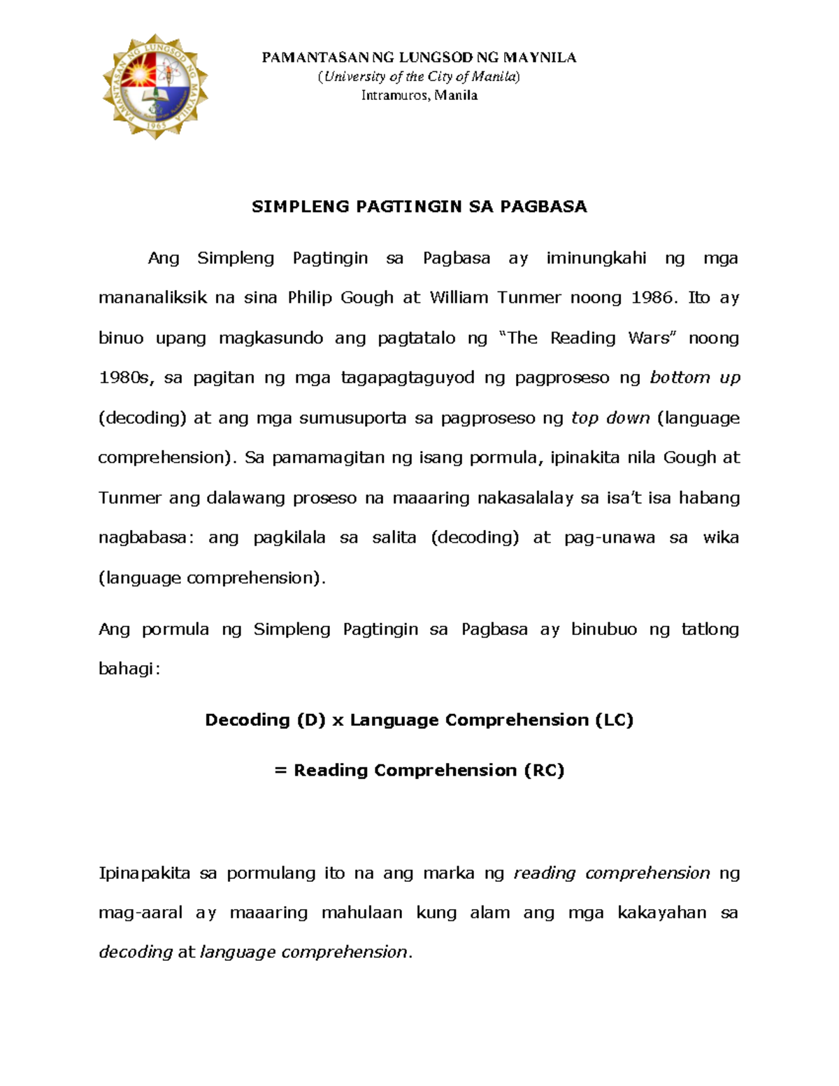 Simpleng Pagsalin sa Pagbasa: Pag-unawa sa Decoding at Comprehension ...