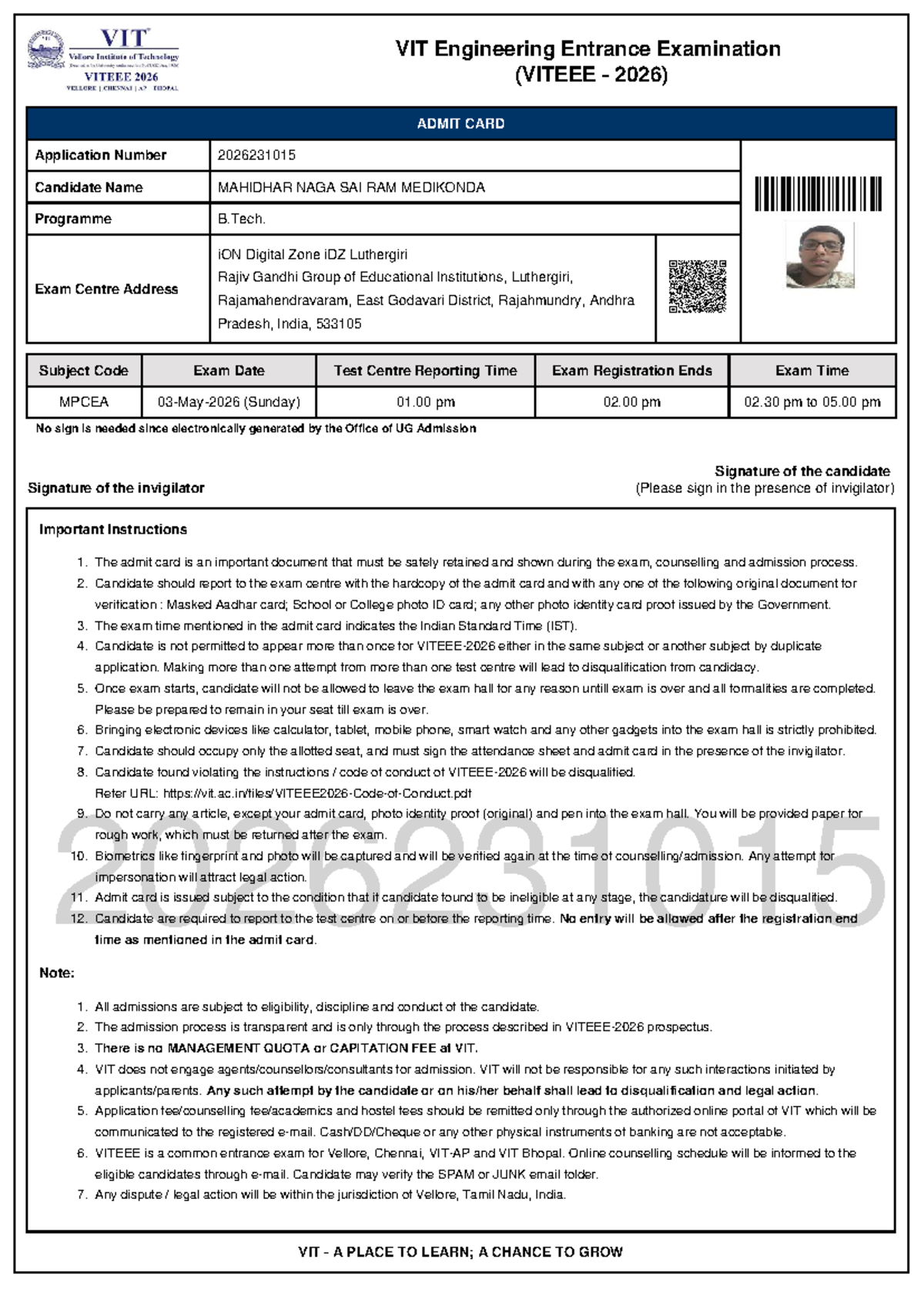 VIT Engineering Entrance Exam 2026 Admit Card - 2026231015 - Studocu