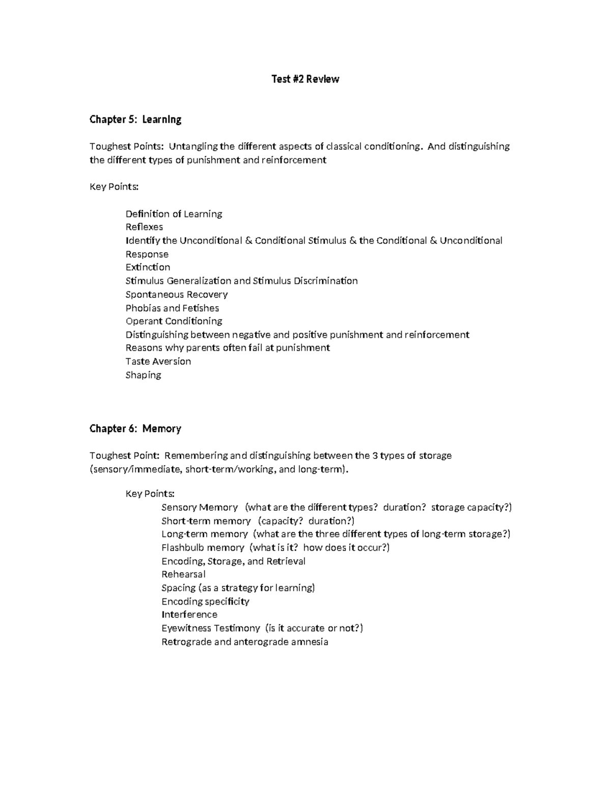 Psychology Test #2 Review: Learning & Memory Key Concepts - Studocu