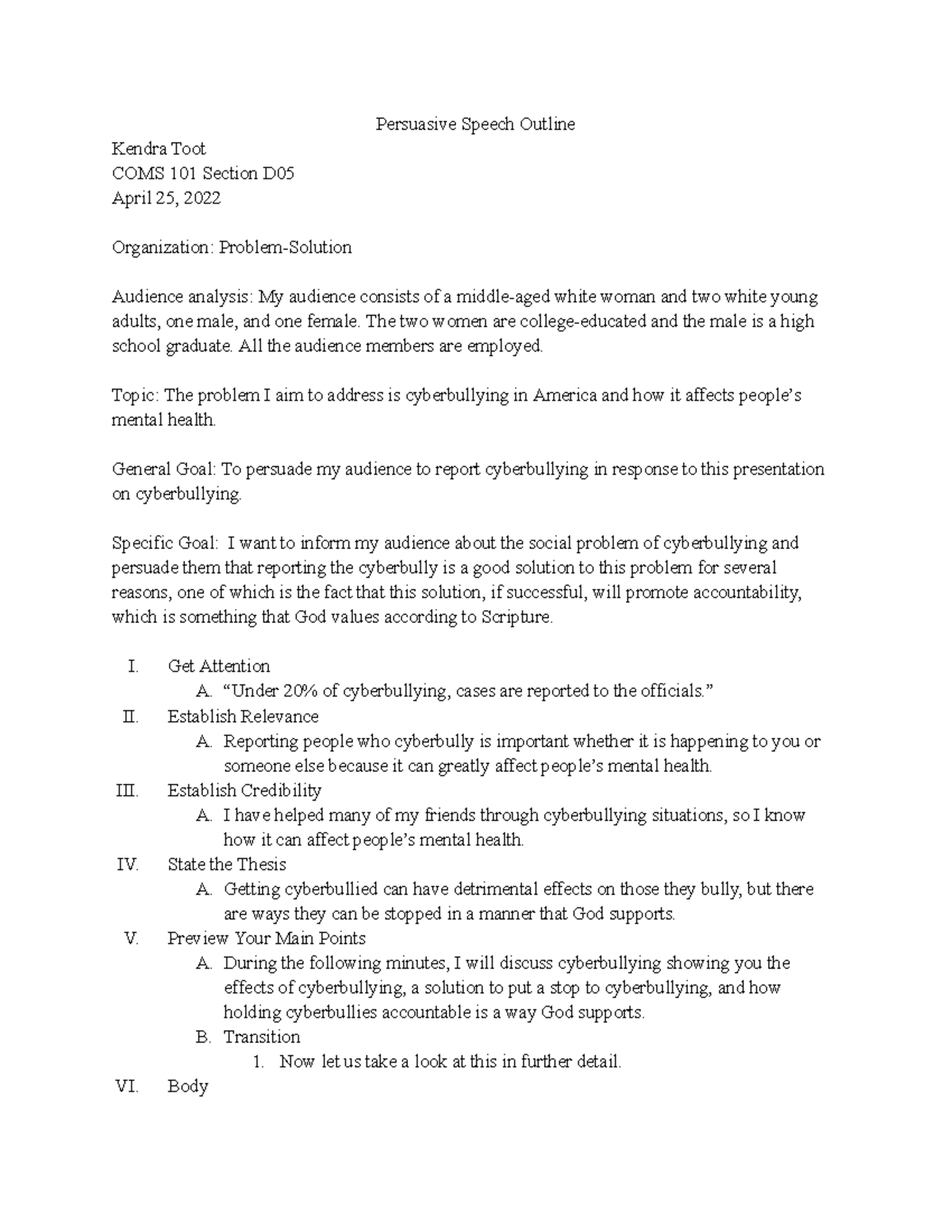 Persuasive Speech Outline - COMS 101 - Persuasive Speech Outline Kendra ...