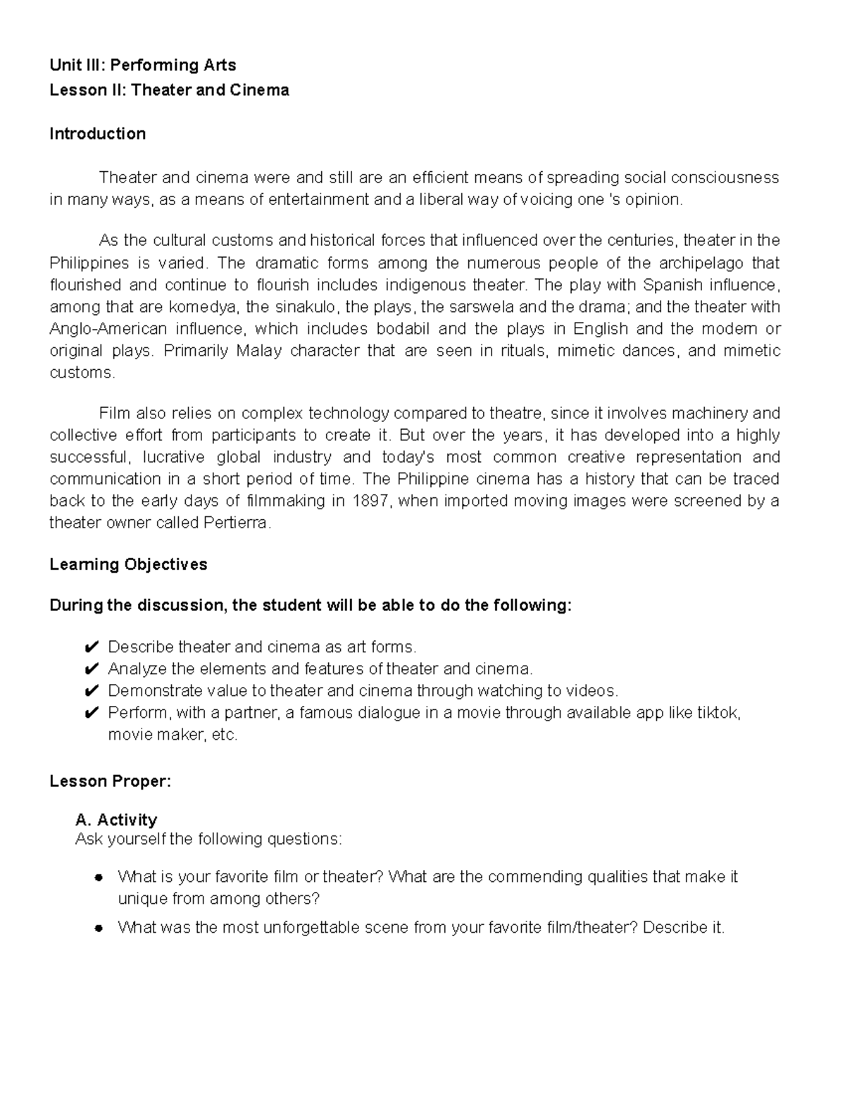 Unit Performing Arts Lesson II: Intro to Theater & Cinema (8-2023 ...