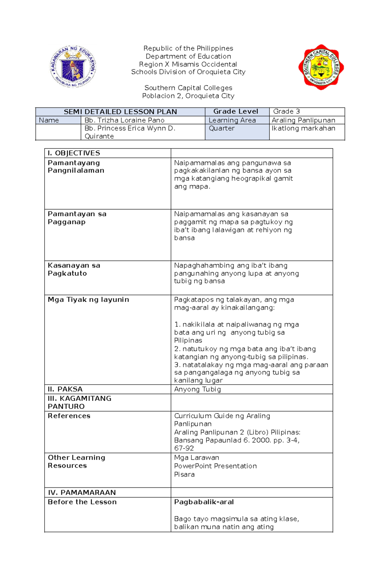 SEMI Detailed LP IN SOC STUD - Republic of the Philippines Department ...
