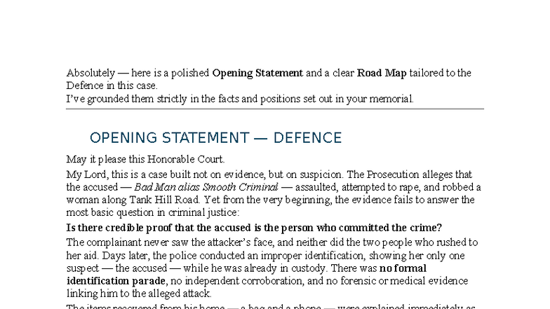 Opening Defence Statement & Road Map (Course Code: DEF 101) - Studocu