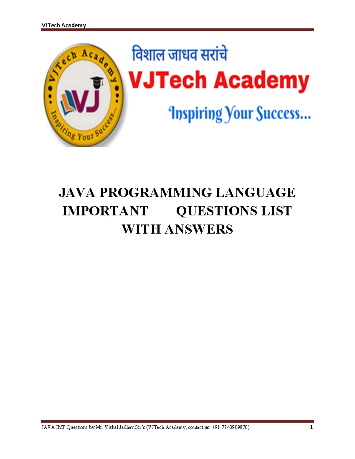 Vjtech Java Language By Vishal Sir Java Language Theory Notes Java