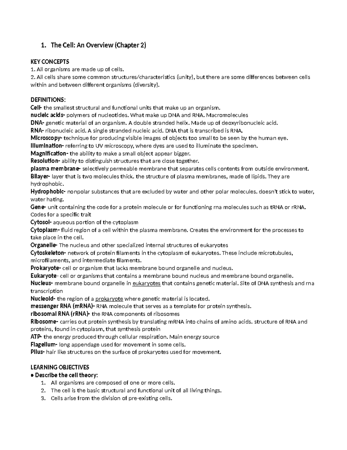 Biology Final 120 - 1. The Cell: An Overview (Chapter 2) KEY CONCEPTS ...
