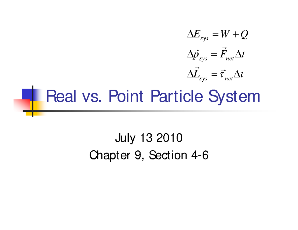 Lecture 16 - Real vs. Point Particle System July 13 2010 Chapter 9, Section 4- L t p F t E W Q ...