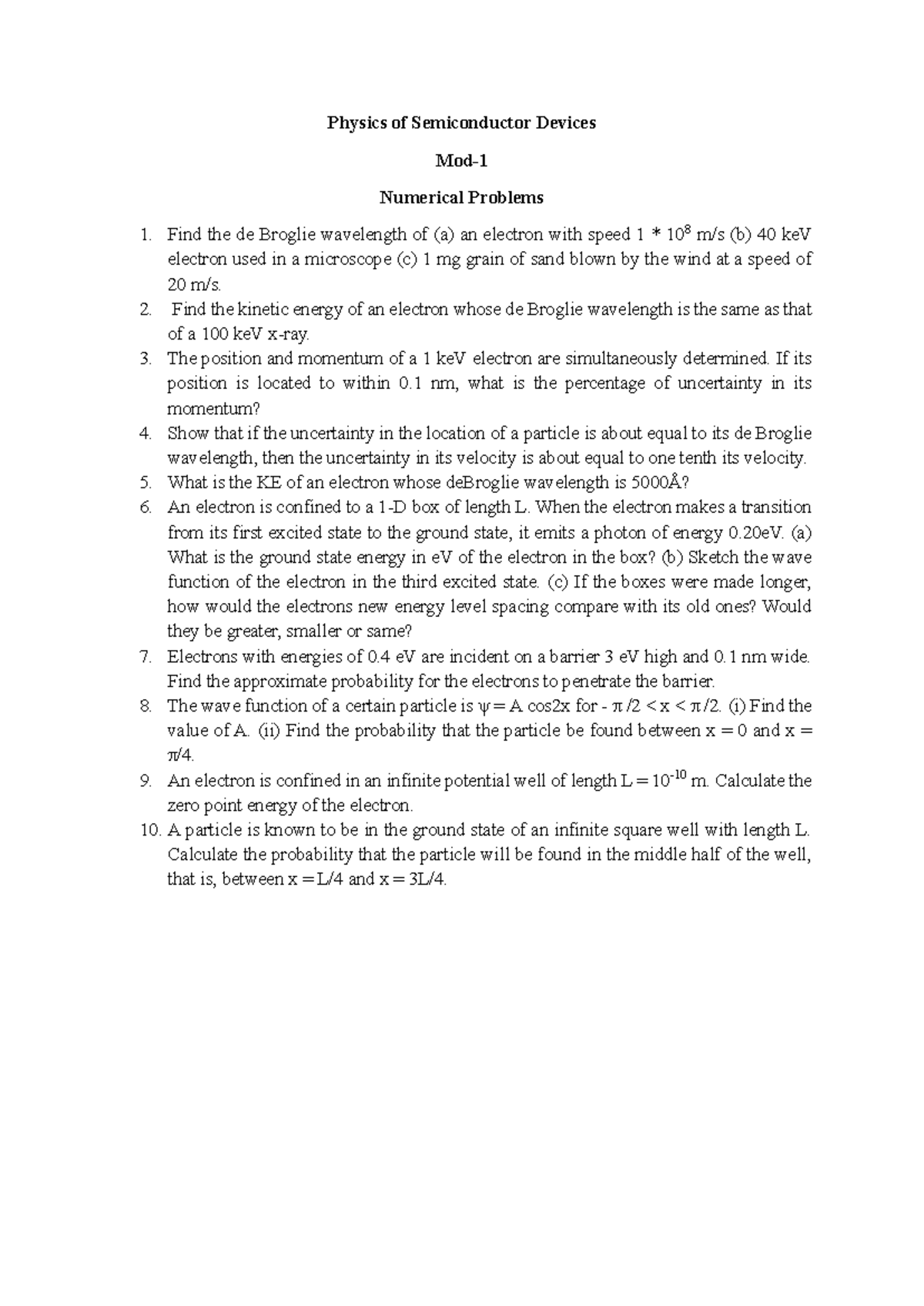 Physics of Semiconductor Devices Mod1 Numerical Problems - Studocu