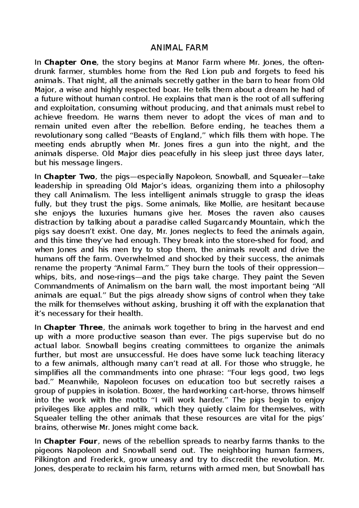 Animal Farm - Chapter Summaries and Analysis - Studocu
