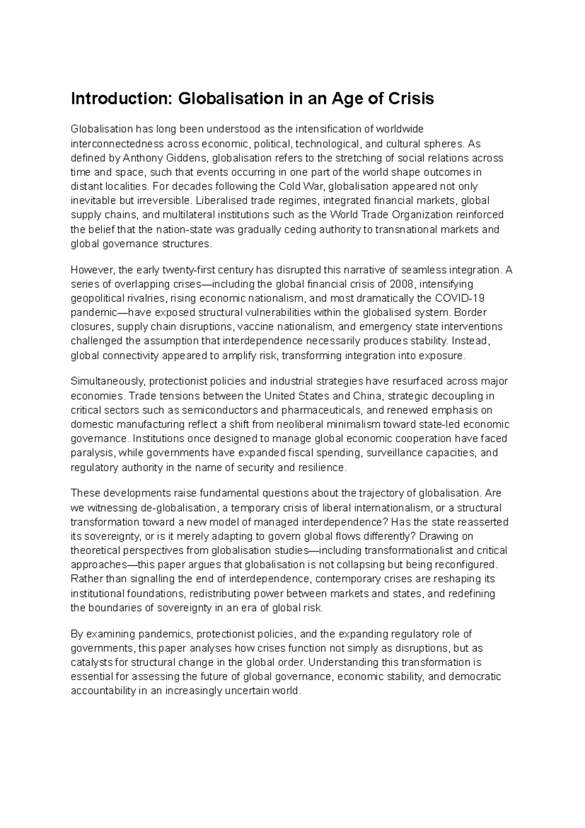 Reconfiguring Globalisation: Insights from Crises and National ...