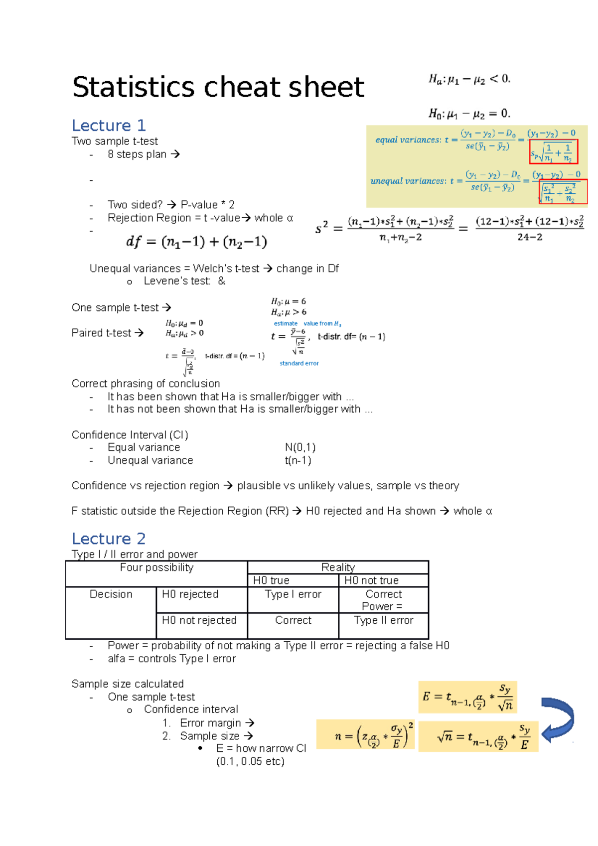 Statistics cheat sheet - Statistics cheat sheet Lecture 1 Two sample t ...
