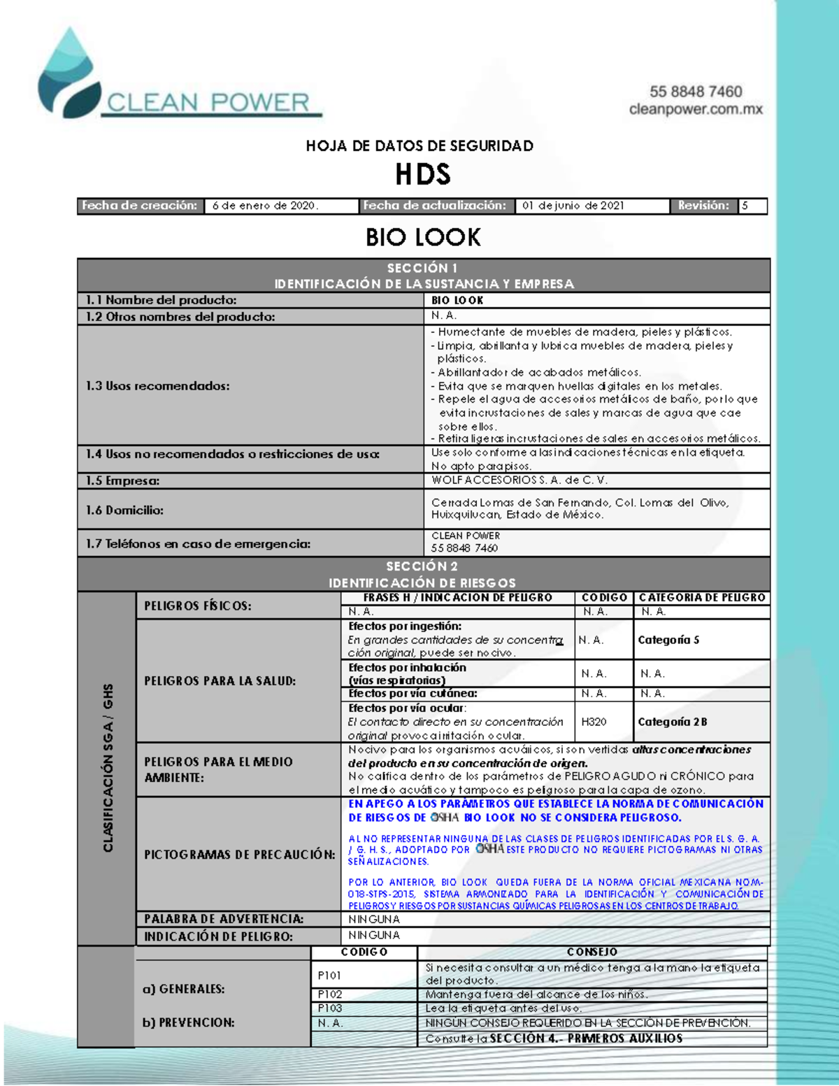 Hoja de Datos de Seguridad (HDS) - BIO LOOK - Studocu