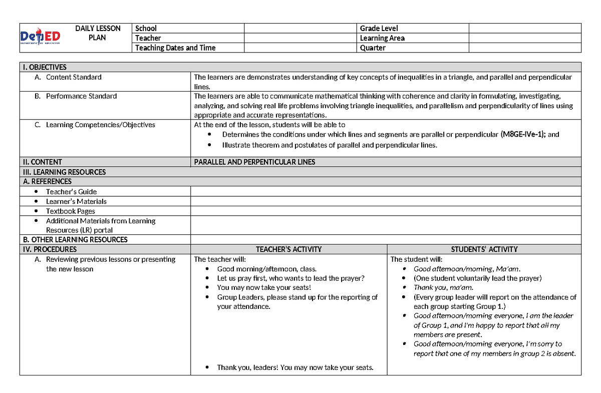 DLP: Daily Lesson Plan on Parallel and Perpendicular Lines - Studocu