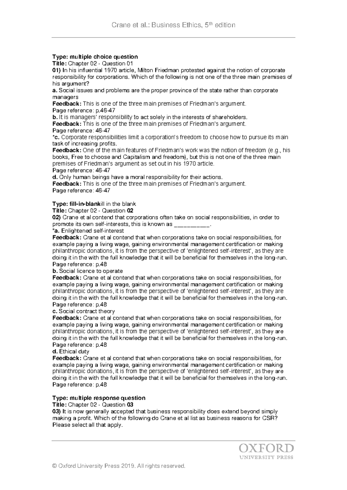 Crane et al.: Business Ethics 5th Edition - Chapter 02 MCQs & Answers ...