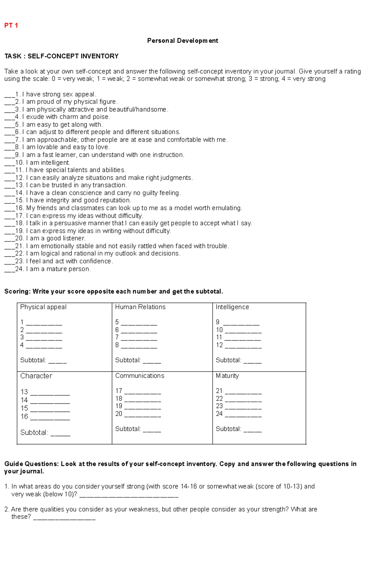 PT 1 Personal Development: Self-Inventory Reflection Notes - Studocu