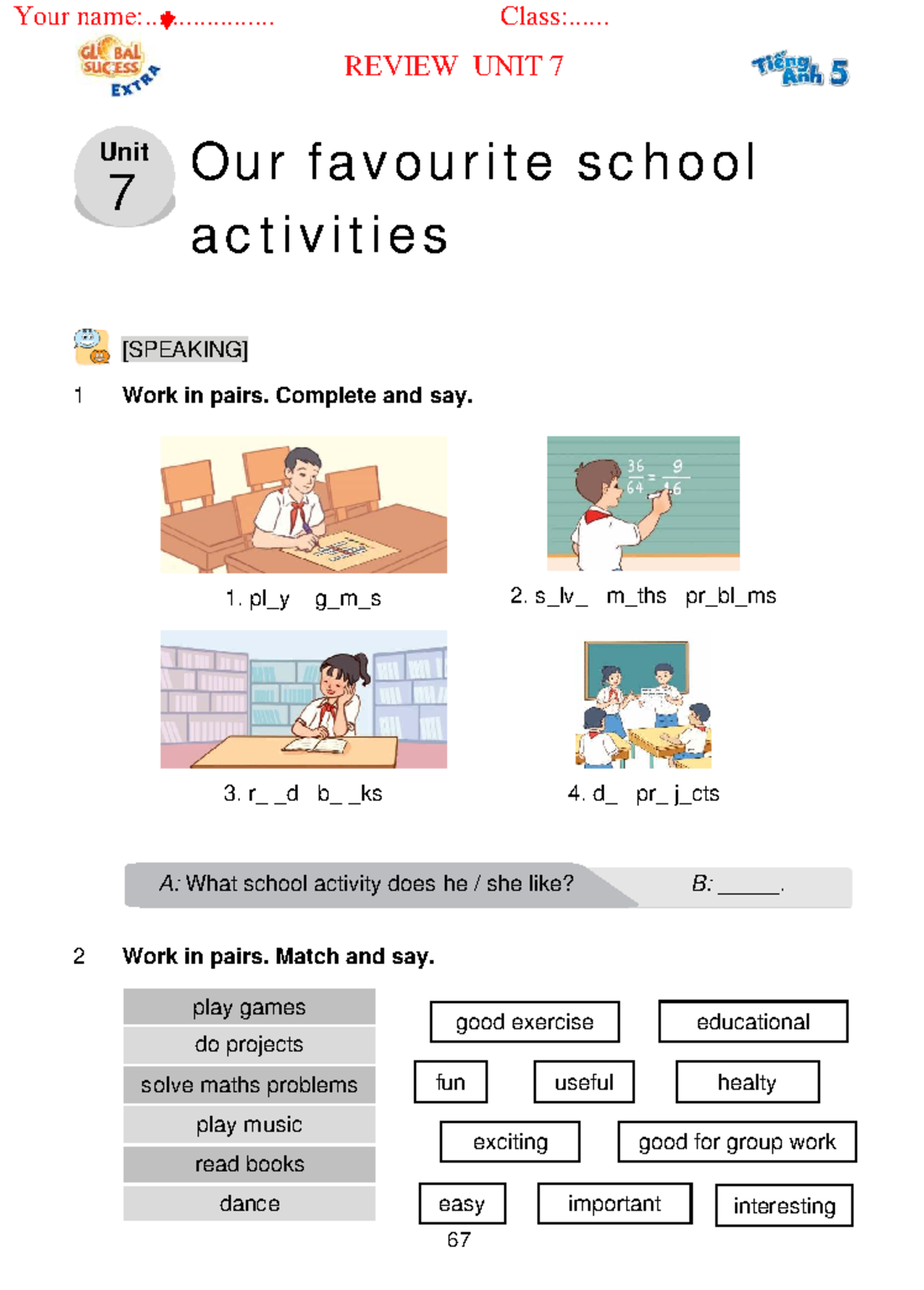 Review Unit 7 - Vocabulary and Activities for School - Studocu