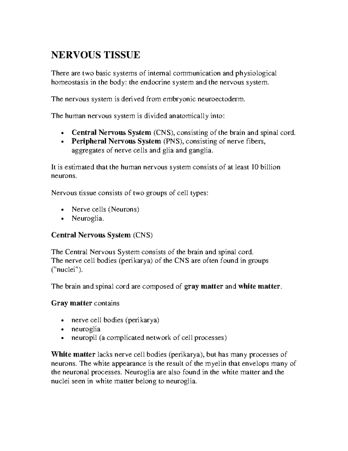 Nervous Tissue Overview: Structure & Function in CNS and PNS - Studocu