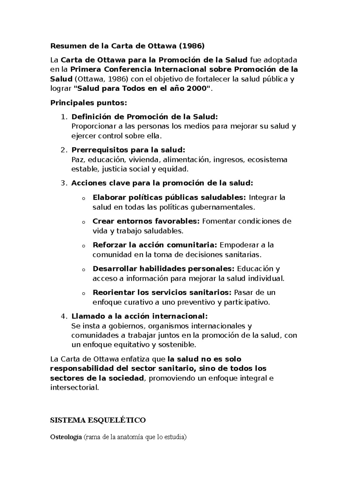 Resumen de la Carta de Ottawa para la Promoción de la Salud - Studocu