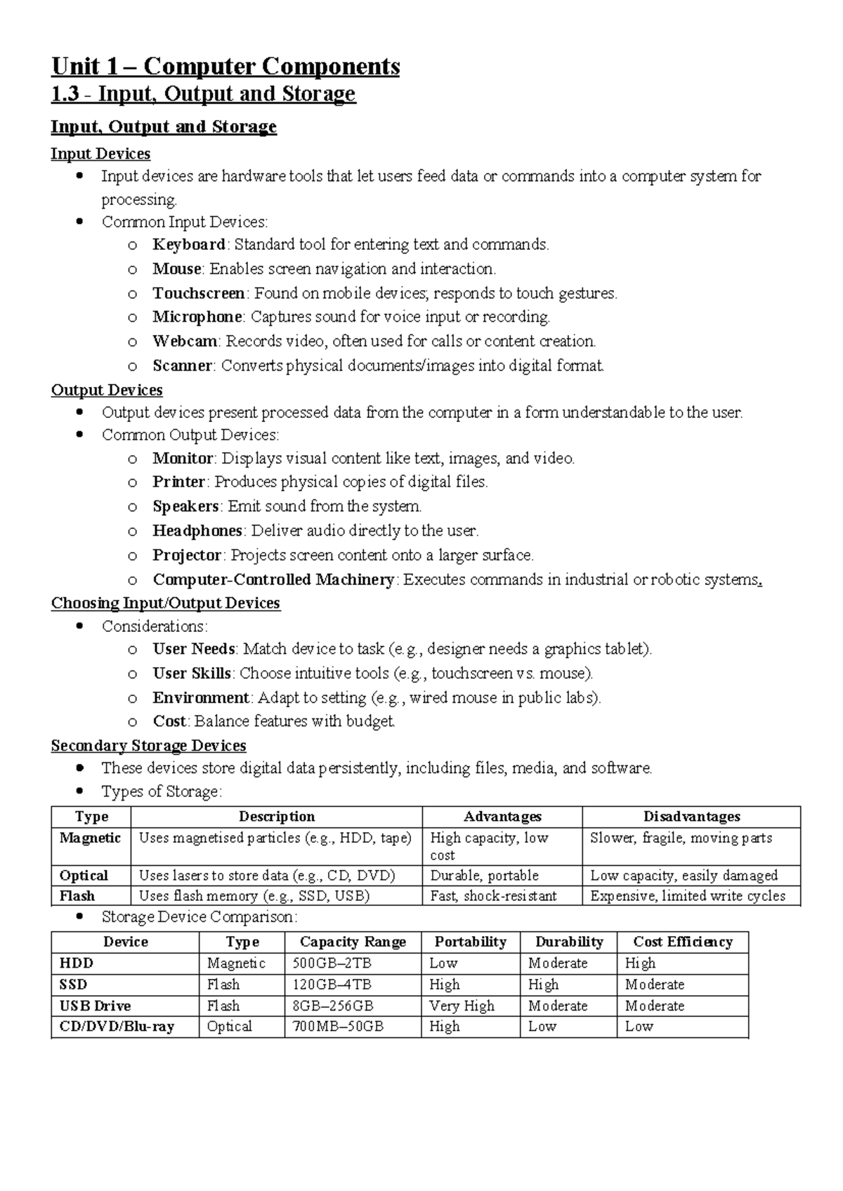 Unit 1 - 1.3 Computer Components: Input, Output & Storage Notes - Studocu