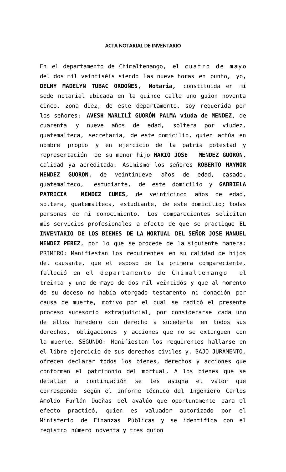 ACTA NOTARIAL DE INVENTARIO - CHIMALTENANGO, 2026 - Studocu