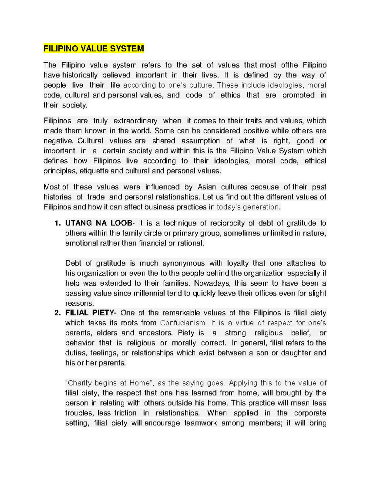 Filipino+ Value+ System - FILIPINO VALUE SYSTEM The Filipino value ...