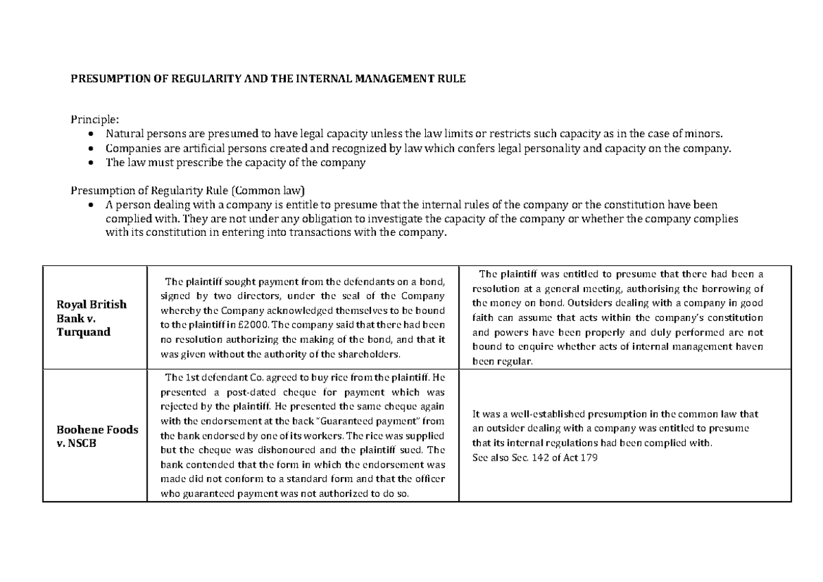 Presumption of Regularity & Internal Management Rule Explained - Studocu