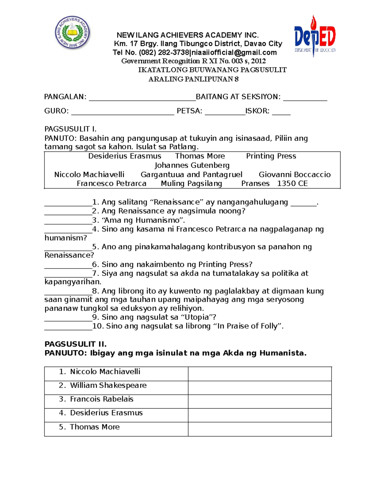 AP8 - Ikatatlong Buwanang Pagsusulit sa Araling Panlipunan 8 - Studocu