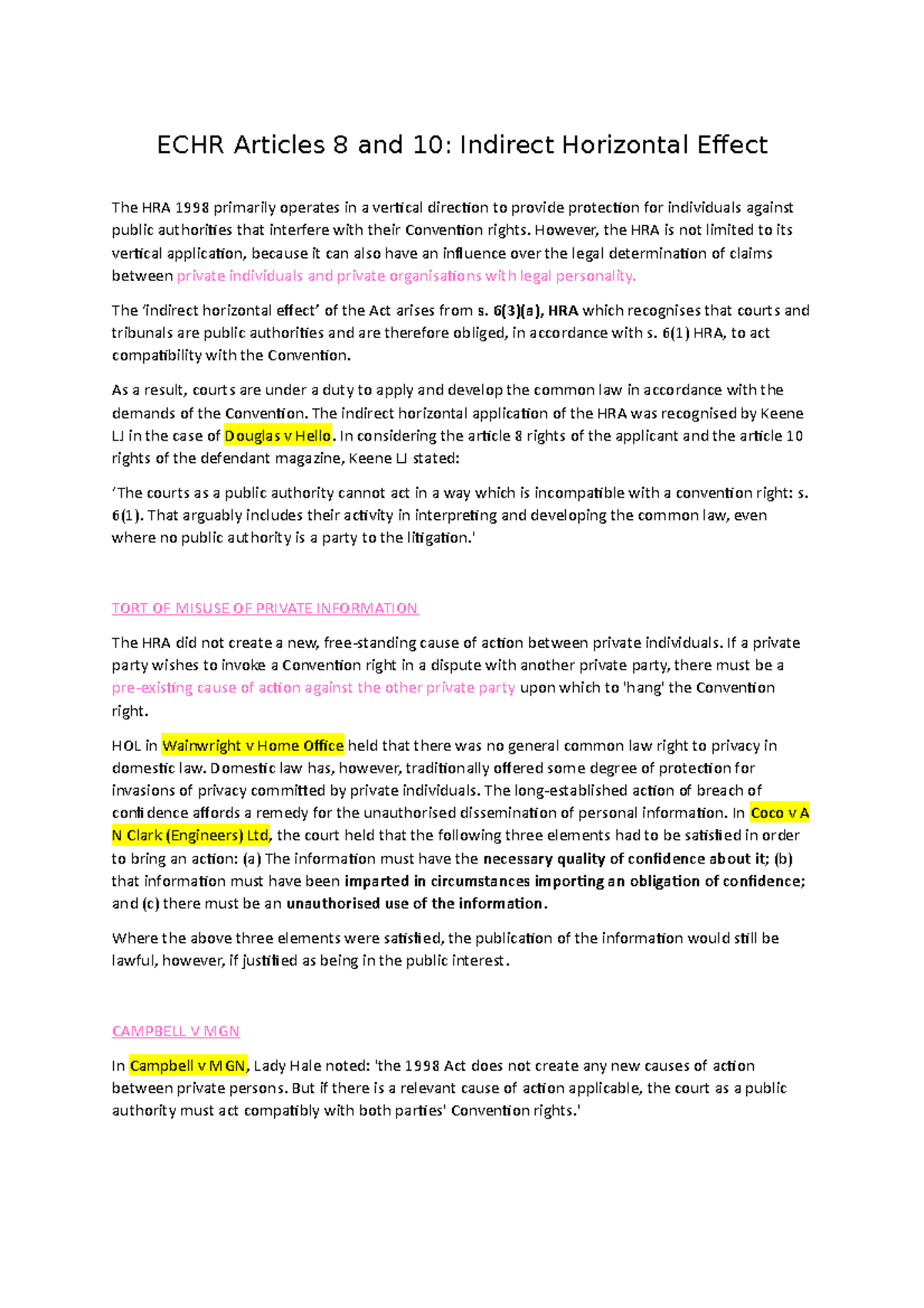 Indirect Horizontal Effect of ECHR in Private Individuals' Rights - Studocu
