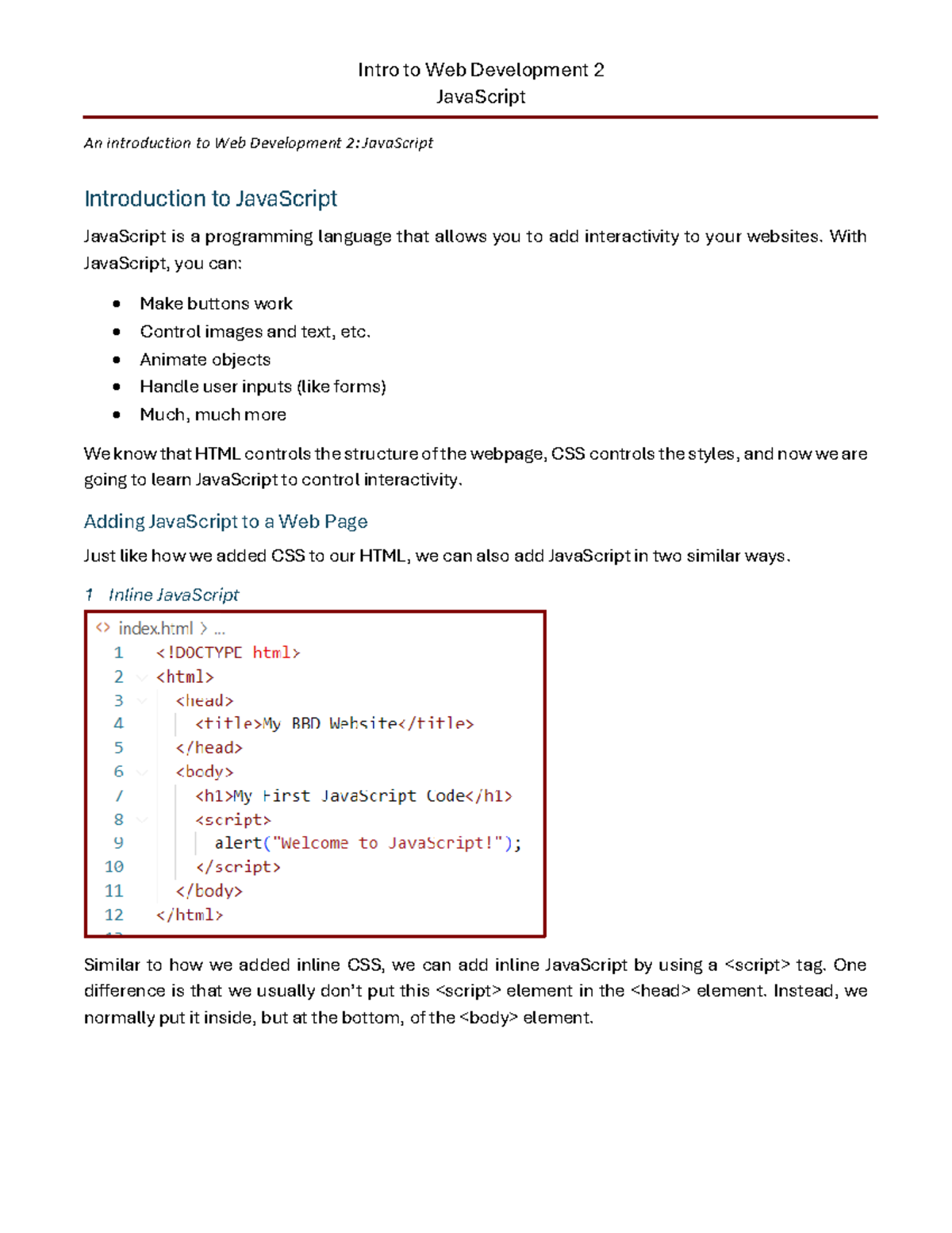 Intro to Web Development 2: JavaScript Basics and Concepts - Studocu